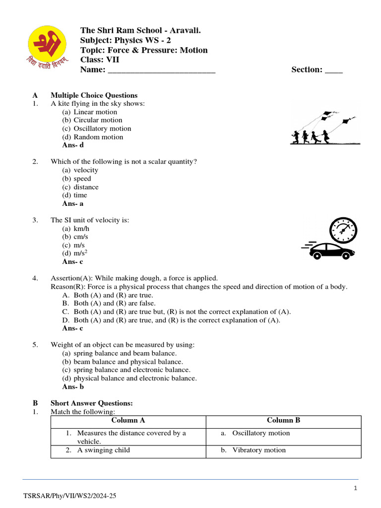 CL7 Phy AK WS2 Force&PressureM 2024-25.Docx | Download Free PDF | Speed | Force