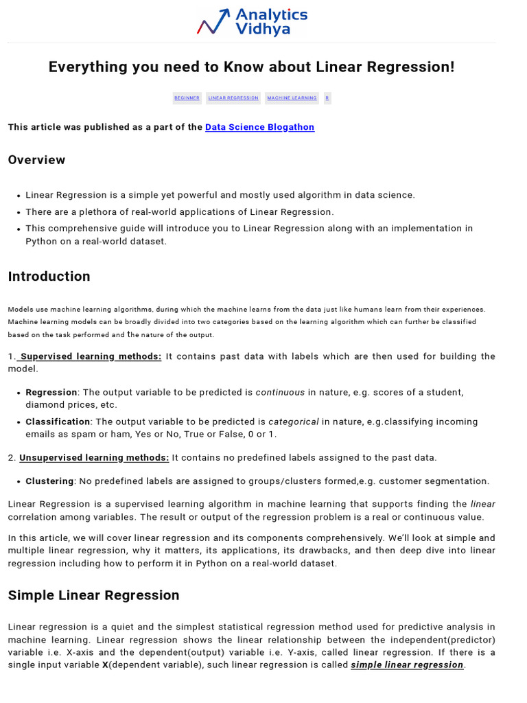 Everything You Need To Know About Linear Regression | PDF | Errors And Residuals | Regression ...