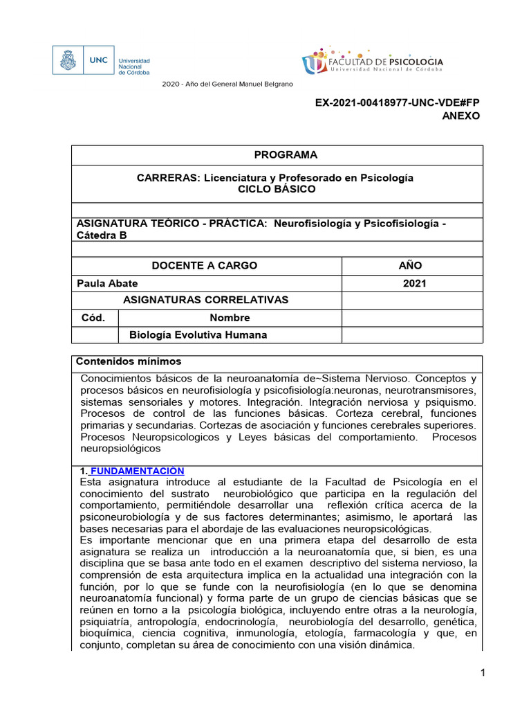 Programa 2021 Neurofisiologia B | PDF | Sistema nervioso | Sinapsis