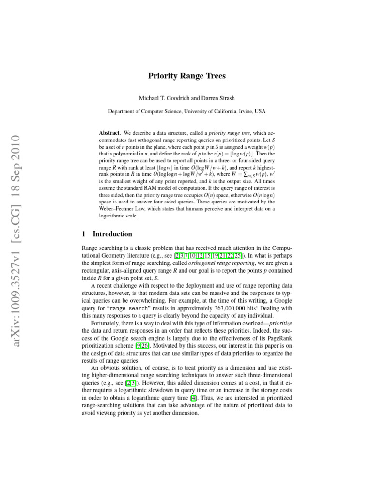 Priority Range Trees Michael T. Goodrich and Darren Strash Department ...