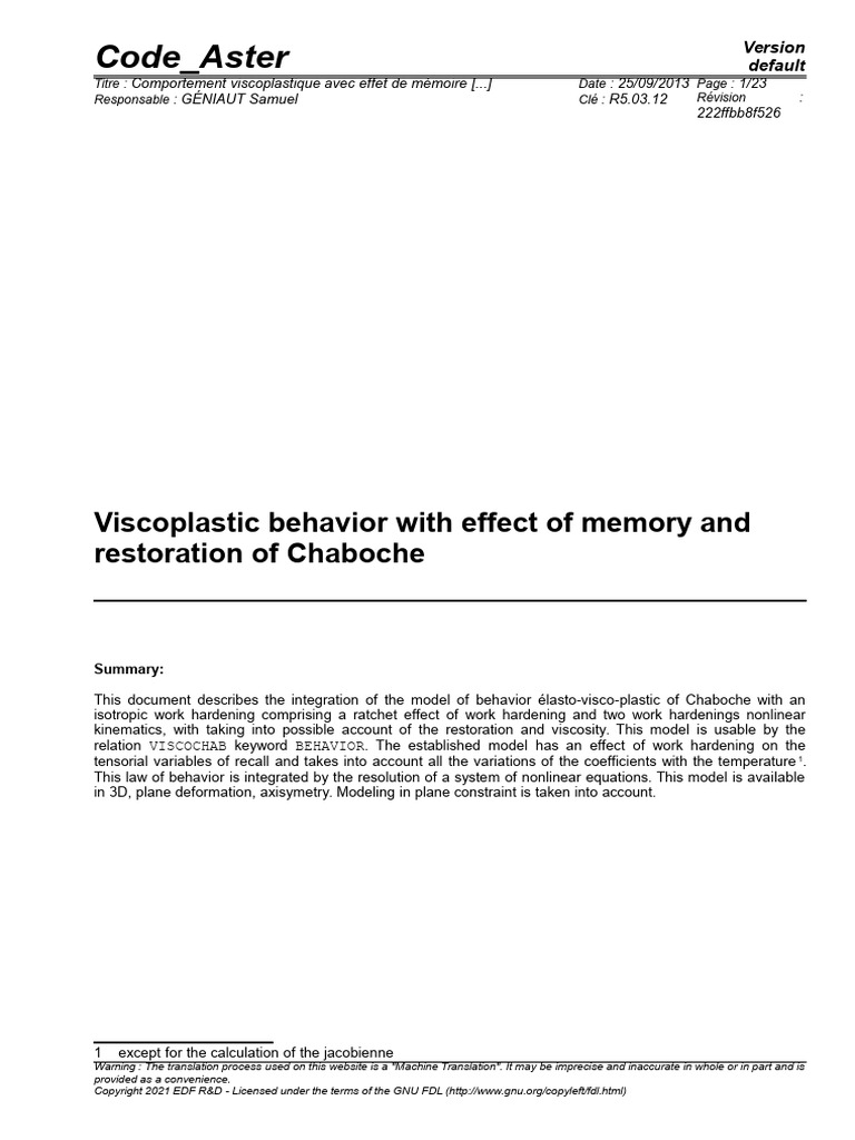 Code - Aster: Viscoplastic Behavior With Effect of Memory and ...