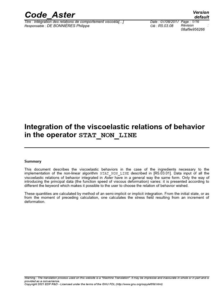 Code - Aster: Integration of The Viscoelastic Relations of Behavior in The Operator STAT - NON ...