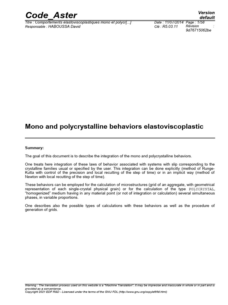 Code - Aster: Mono and Polycrystalline Behaviors Elastoviscoplastic ...