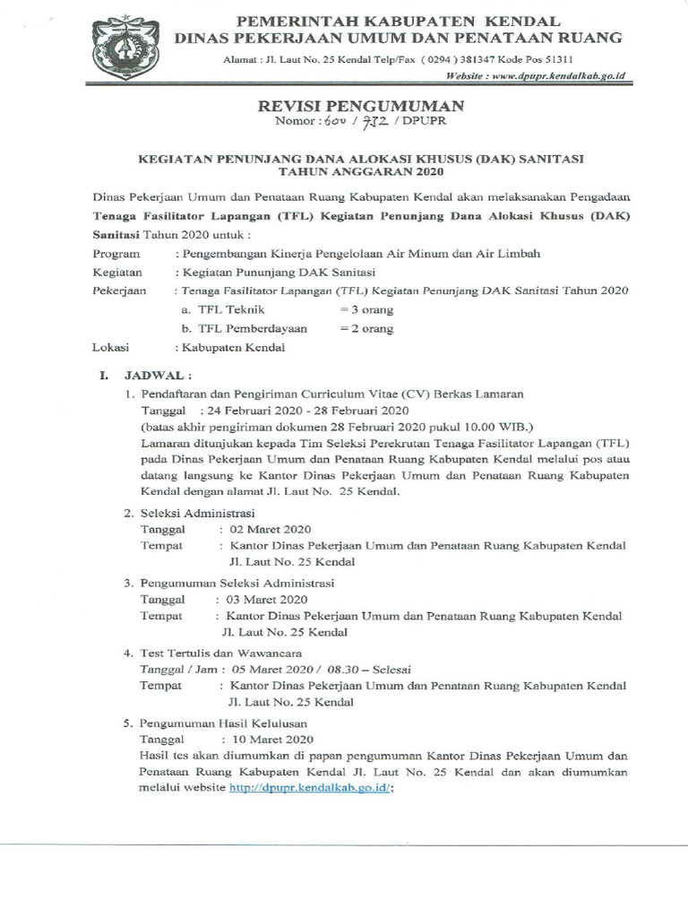 Revisi Pengumuman Seleksi TFL Sanitasi 2020 | PDF