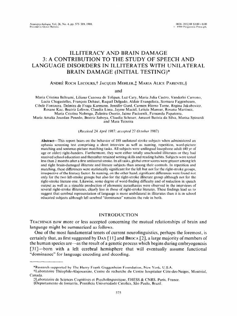 Illiteracy and Brain Damage 3 A Contribu | PDF | Aphasia | Lateralization Of Brain Function