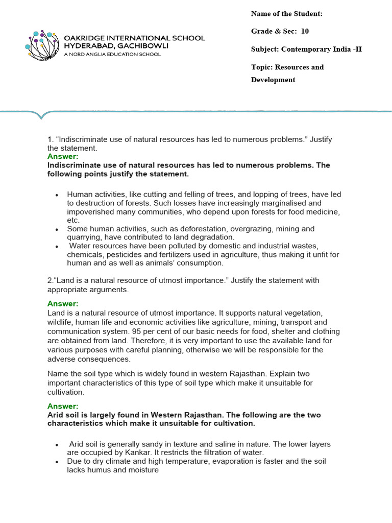 Oisg Grade 10 Resource and Development Worksheet (3 Marks) | PDF ...