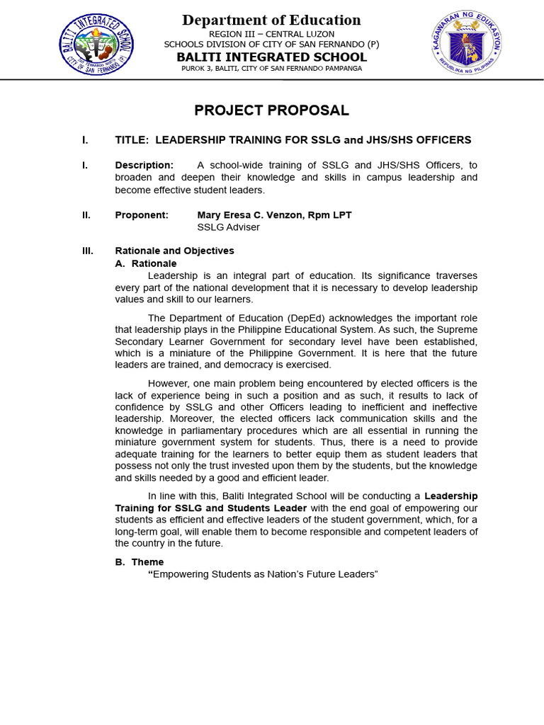 SSLG Leadership Training Proposal | PDF | Leadership