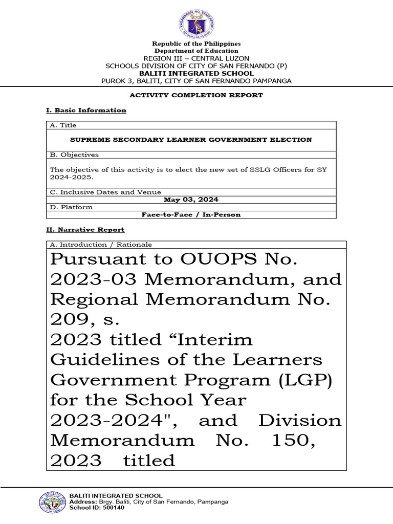 SSLG Election ACR 2023-2024 | PDF | Government | Democracy