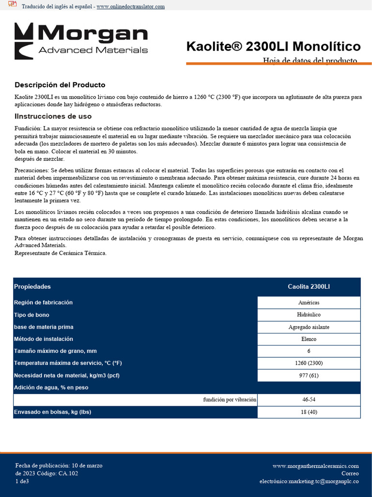 Hoja de datos de Kaolite 2300LI | PDF | Materiales | Sector secundario ...