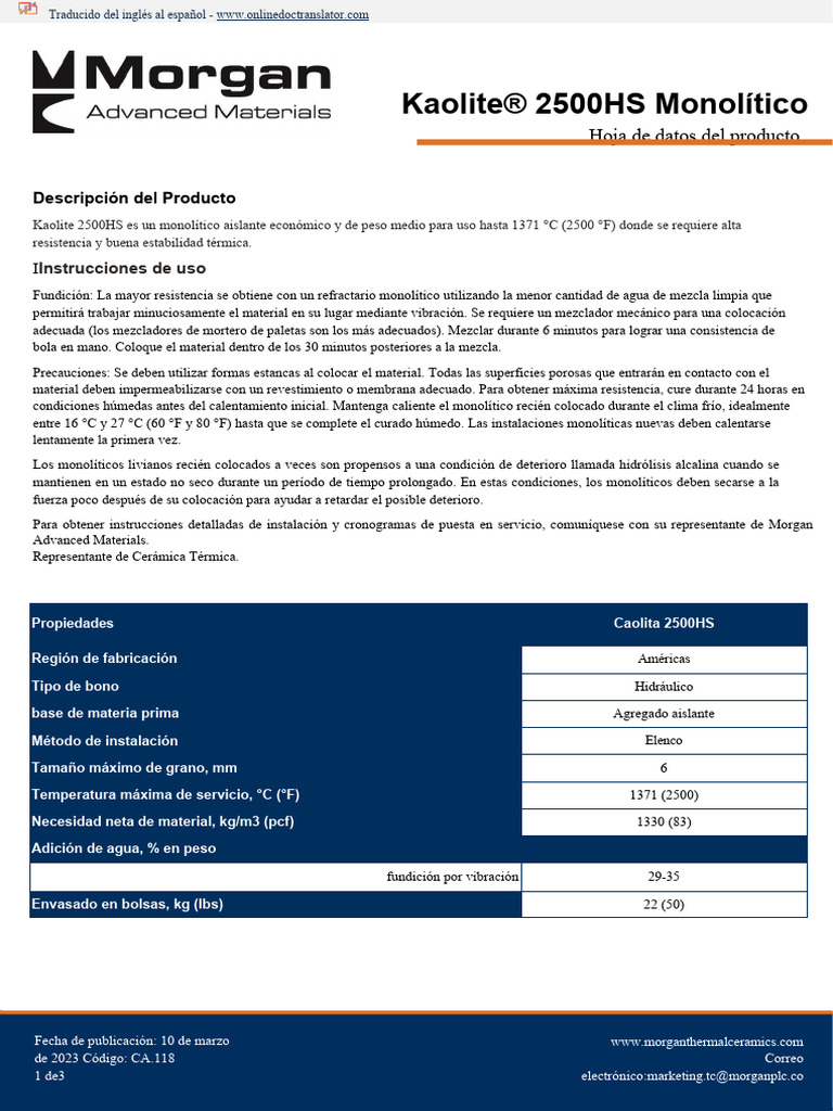 Kaolite 2500hs Eng - En.es | PDF | Aislamiento térmico | Materiales