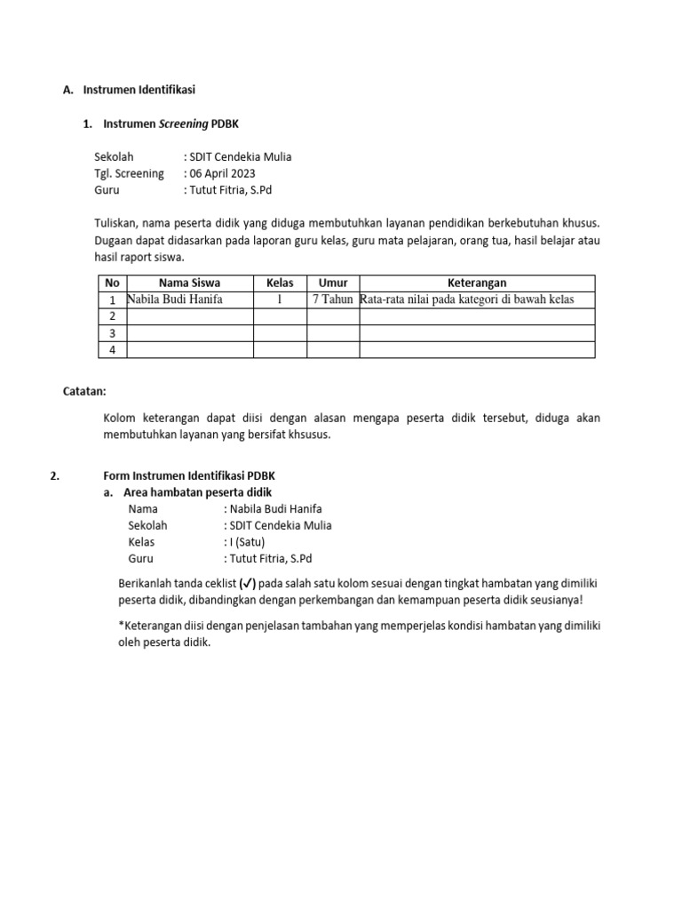 1.7. Contoh - Instrumen PDBK. Identifikasi | PDF
