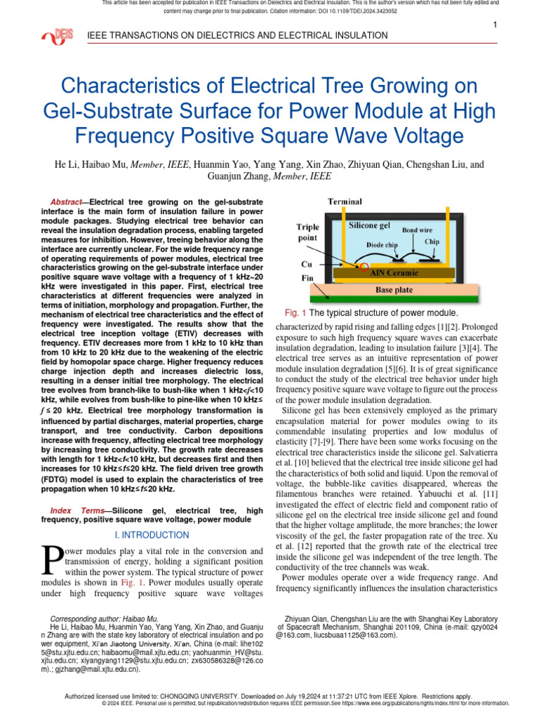 Characteristics of Electrical Tree Growing on Gel-Substrate Surface for Power Module at High ...