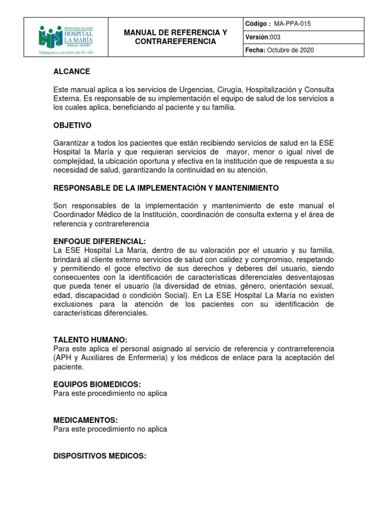 Ma-Ppa-015 Manual de Referencia y Contrareferencia | PDF | Hospital | Historial médico