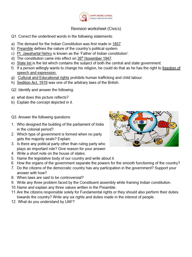 Civics Revision Worksheet Guide | PDF