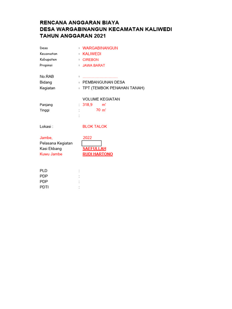 001 Rab TPT Sebelah Dusun I Blok Bengkok | PDF