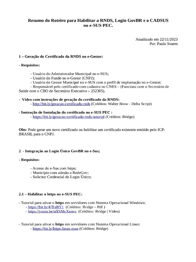 Resumo Do Roteiro para Habilitar A RNDS, Login GovBR e o CADSUS | PDF
