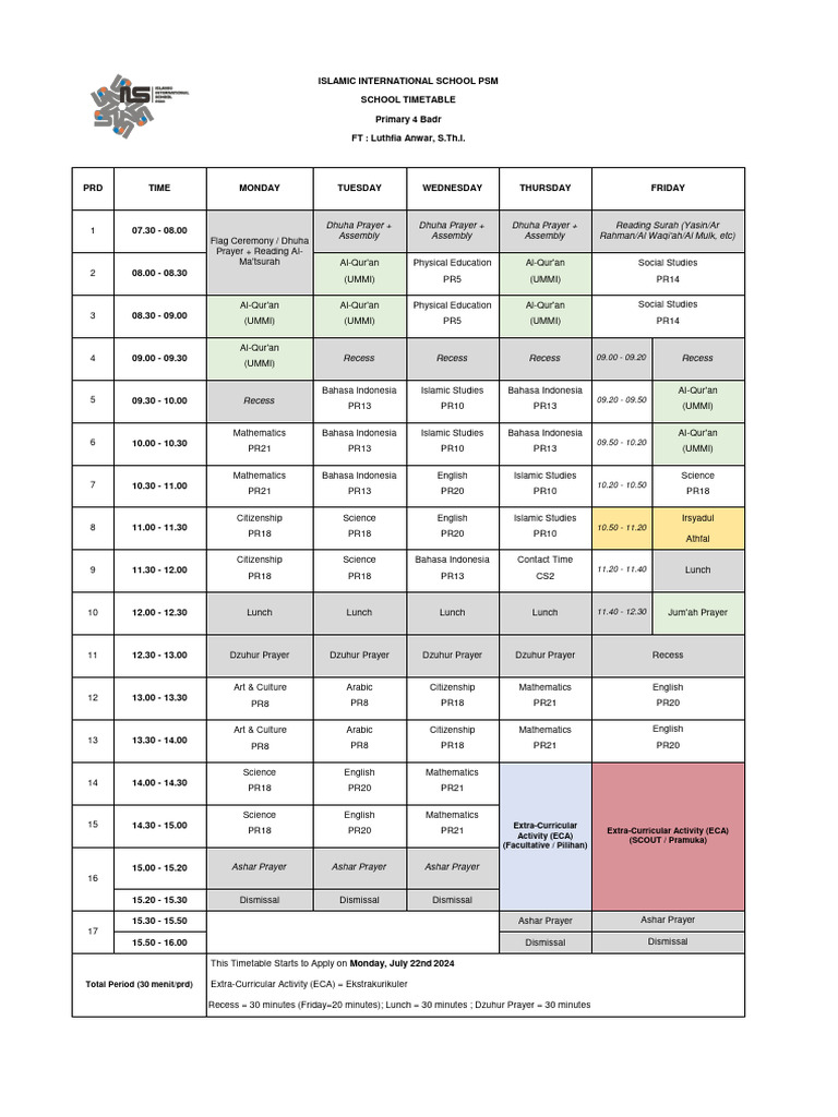 P4A Timetable 2024-2025 | PDF | Quran | Islam