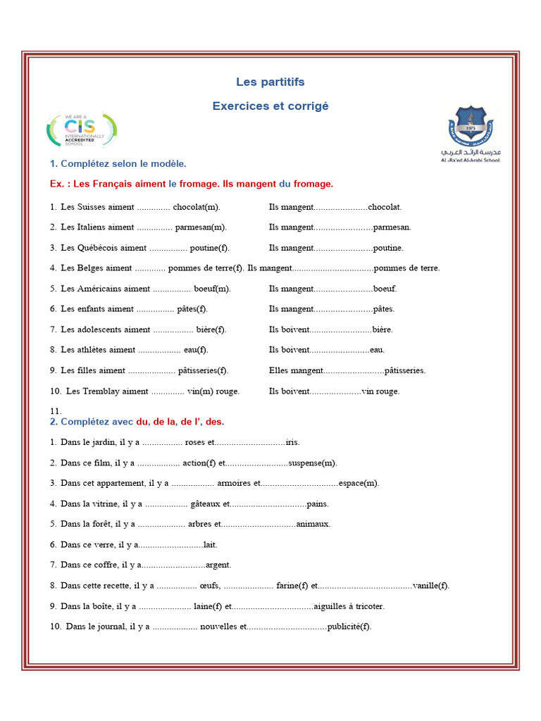 Les Articles Partitifs Exercices Et Corrigé | PDF | Soupe | sauce