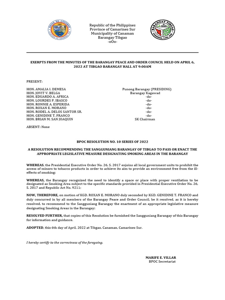 10 BPOC Reso On Designation of Smoking Areas | PDF