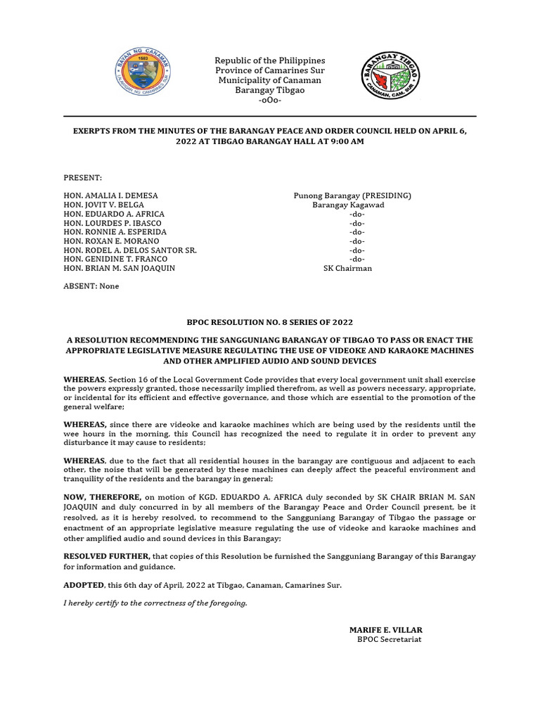 8 BPOC Reso On Regulation of Videoke | PDF