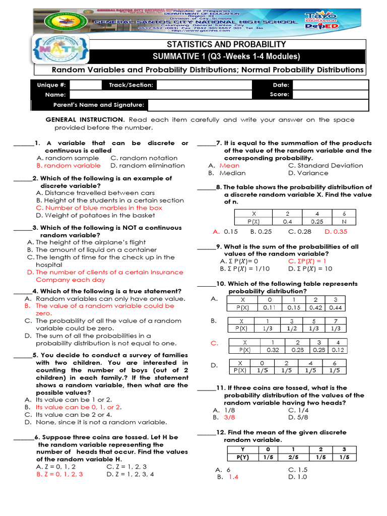 q3 Sum1 Statprob Answer-Key | PDF | Normal Distribution | Standard ...