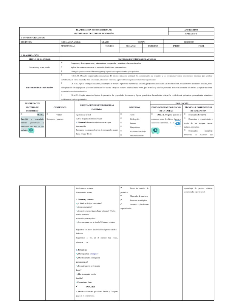 Pud 3ro Unidad1 Matematica | PDF | Sustracción | Evaluación