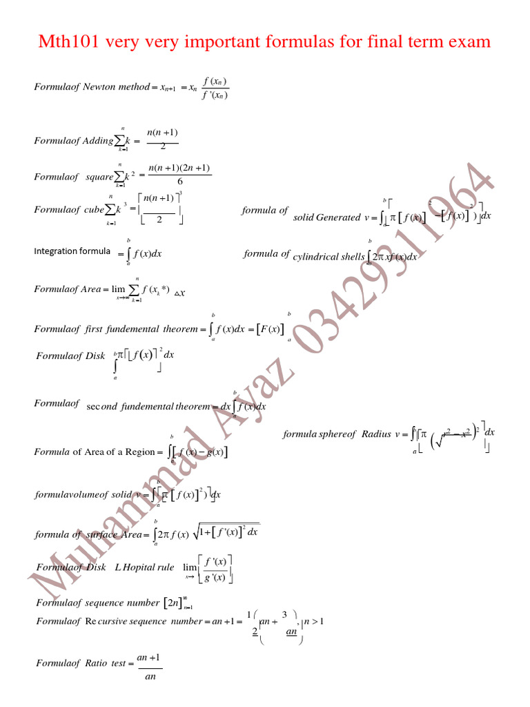 MTH101 Very Important Formulas Made by MUHAMMAD AYAZ | PDF | Geometry | Mathematics