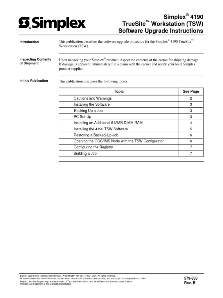 Simplex 4190 Truesite Workstation (TSW) Software Upgrade Instructions ...