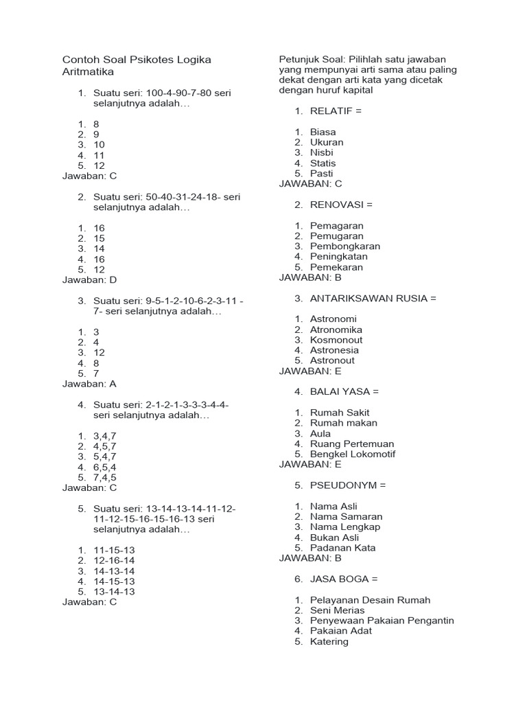 Contoh Soal Psikotes Logika Aritmatika | PDF