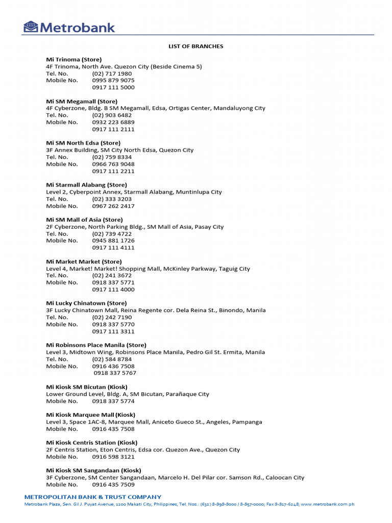 Metrobank Branches and Contacts | PDF | Makati | Metro Manila
