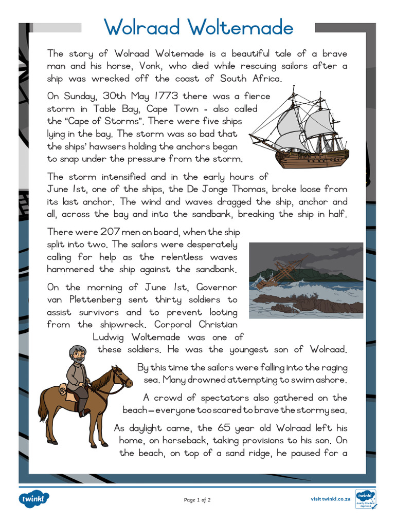 Za HL 1632305611 The Story of Wolraad Woltemade Comprehension Activity ...