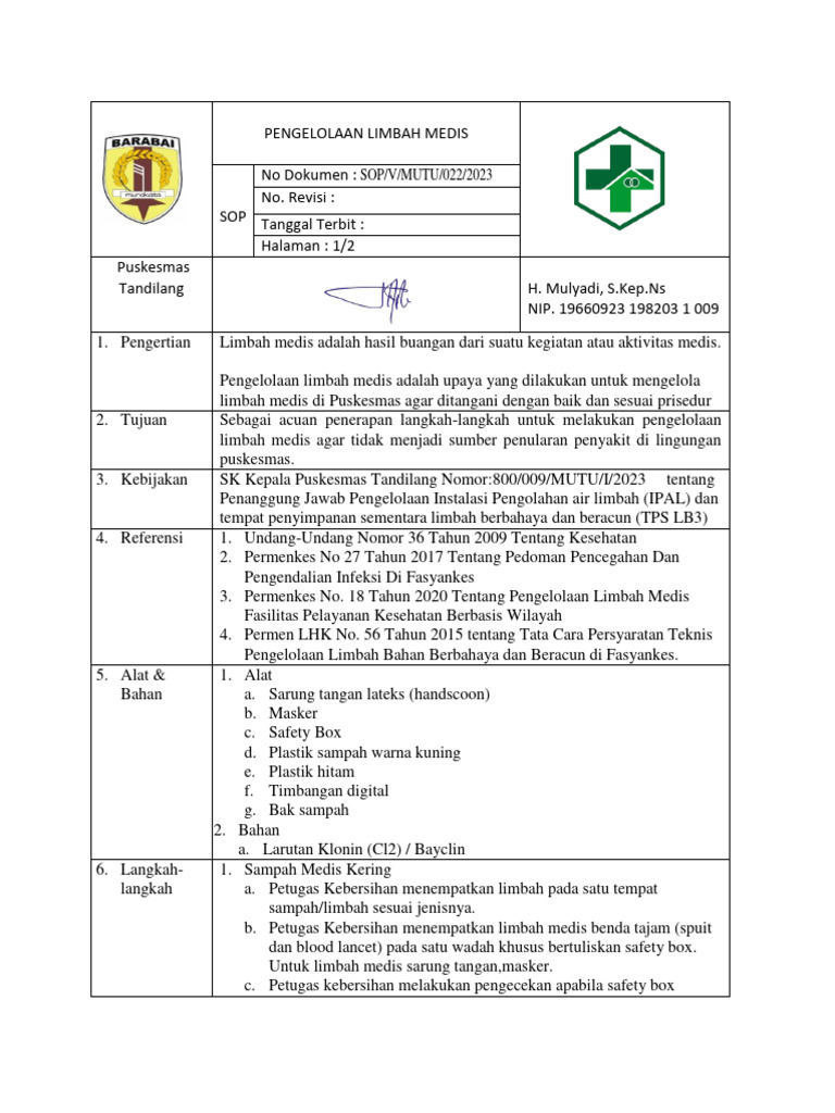 SOP Pengelolaan Limbah Medis | PDF
