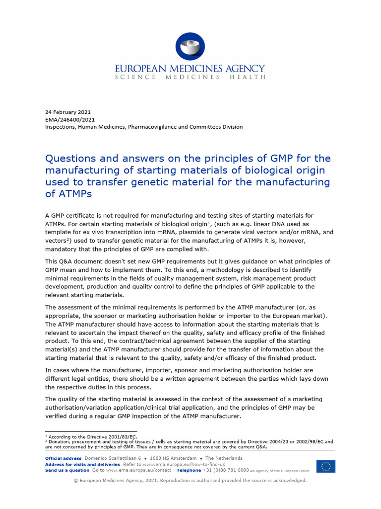 Questions and Answers Principles GMP Manufacturing Starting Materials ...