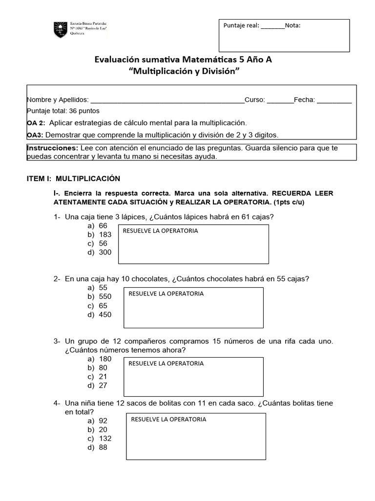 Evaluación Matemáticas 5: Multiplicación y División | PDF | División ...
