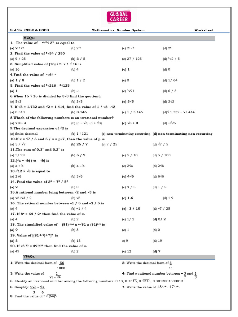 9th Vidhya With Solution Number System Vidhya Worksheet Doc1 | PDF ...