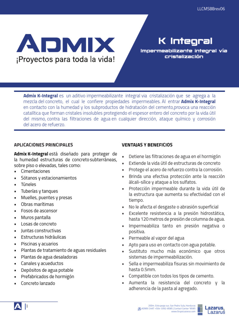 LLCMS88rev06 Admix K Integral | PDF | Hormigón | Agua