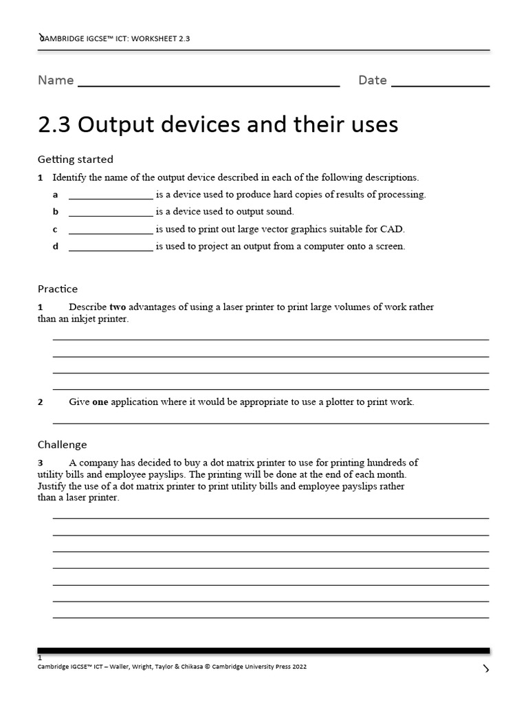Output Devices Worksheet for IGCSE | PDF