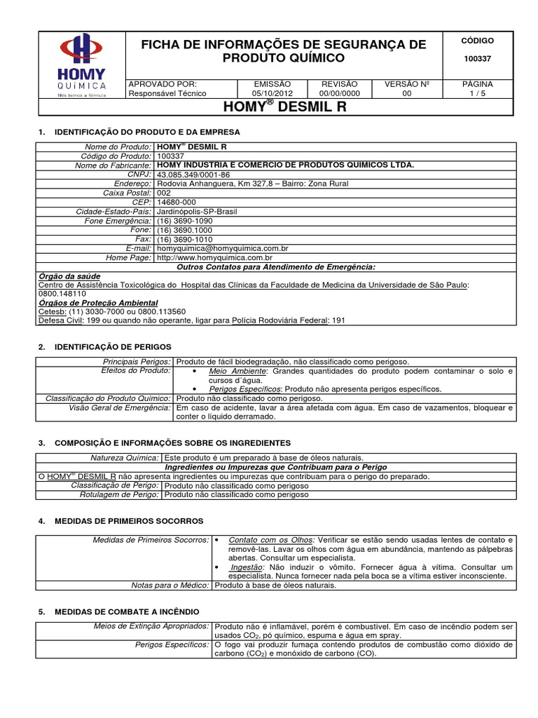 Homy Química - Homy® Desmil R | PDF | Desperdício | Dióxido de carbono