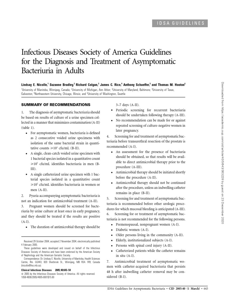 IDSA Guidelines for Asymptomatic Bacteriuria | PDF | Urinary Tract ...