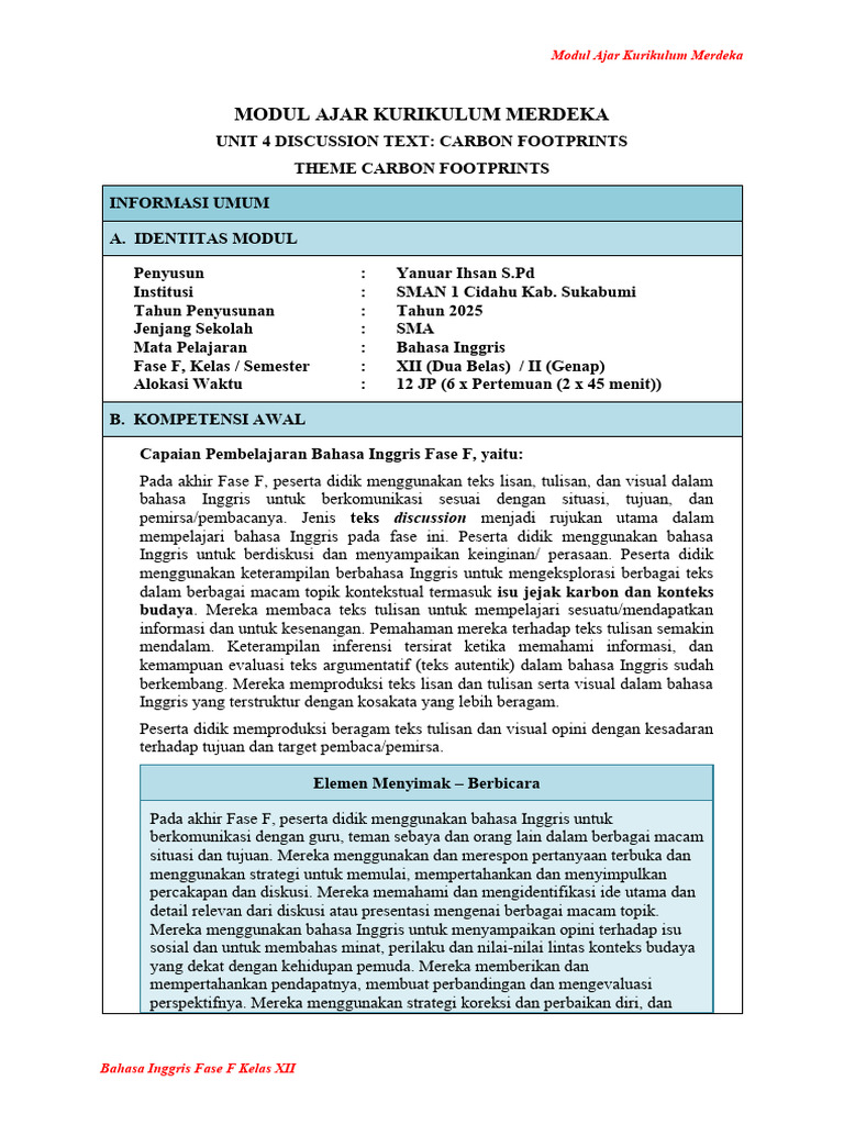 Modul Ajar Unit 4 Discussion Text Carbon Footprints | PDF