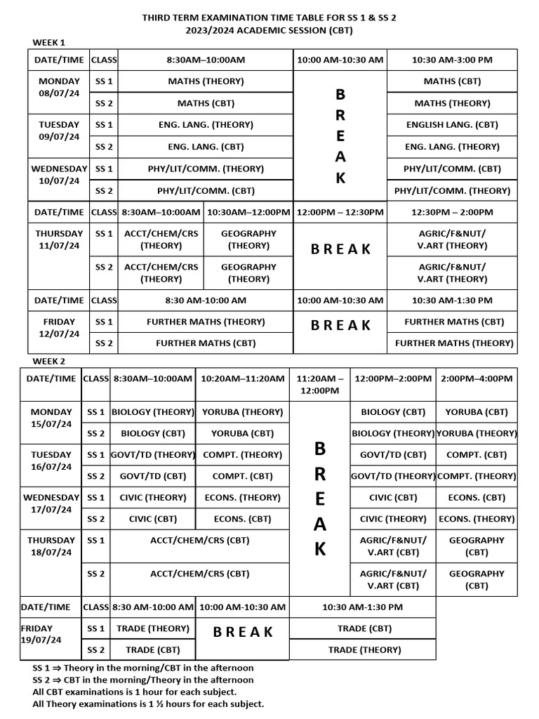 SS 1 & 2 Exam Timetable (3rd Term 2024) | PDF
