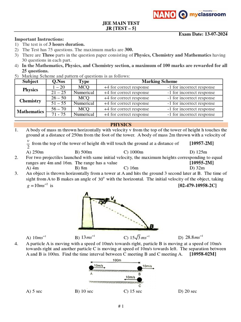 JR Mains TEST - 5 13-07-2024 With Sol | PDF | Applied And ...