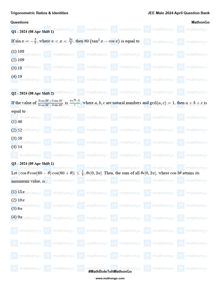 Trigonometric Ratios and Identities JEE Main 2024 April Question | PDF ...