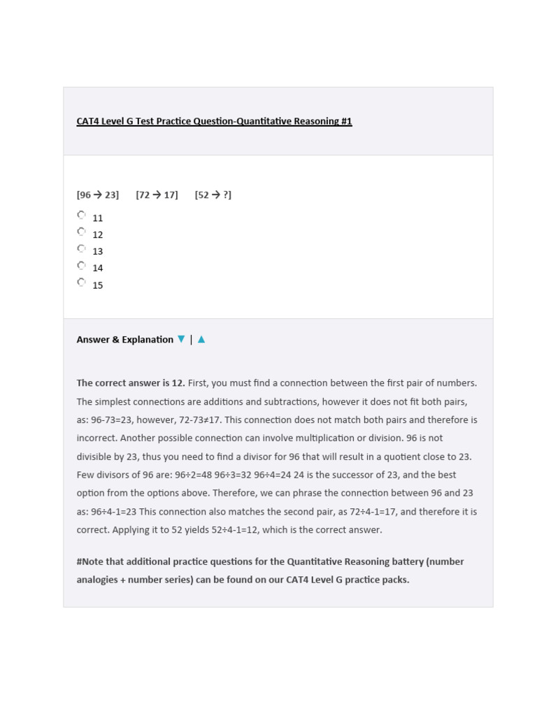 CAT4 Level G Test Practice Question | PDF