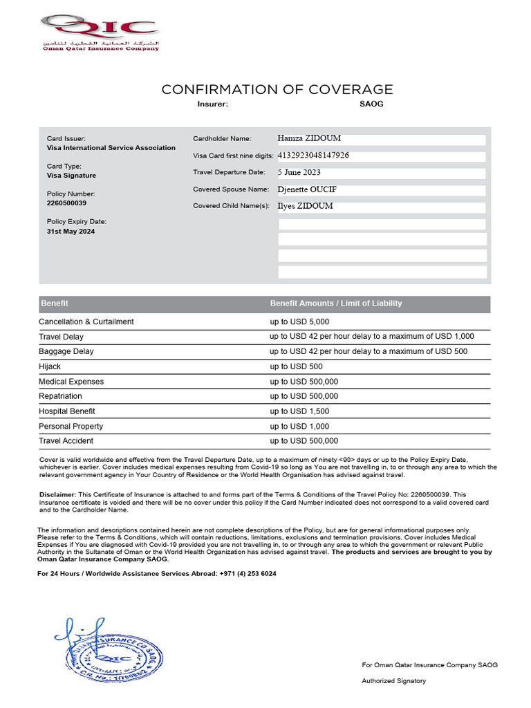 Confirmation of Coverage: Hamza ZIDOUM 4132923048147926 5 June 2023 ...