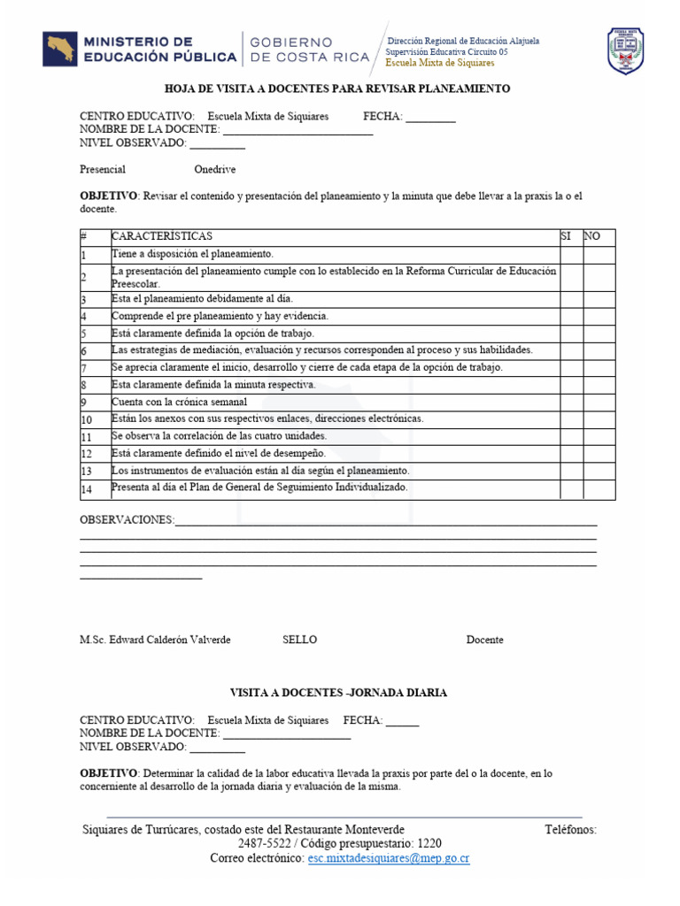Hoja de Visita de Clase | PDF | Planificación | Evaluación