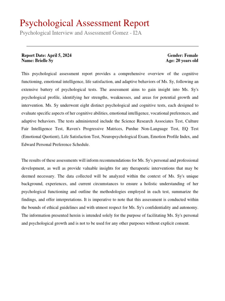 Psychological Assessment Interpretation Report | PDF | Emotional ...