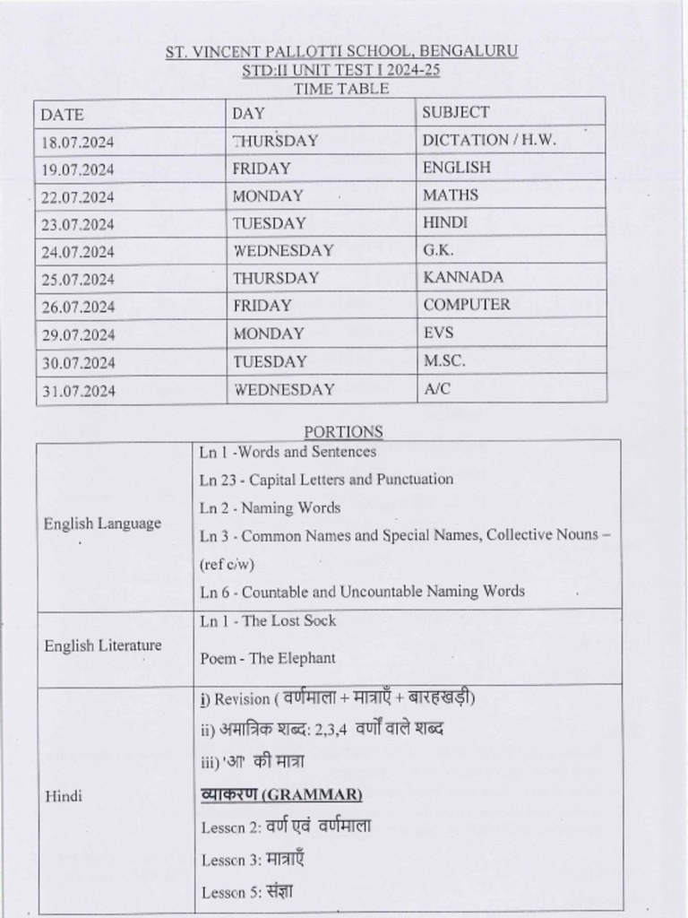 Std. II UT-I Time Table & Portions 2024-25 | PDF