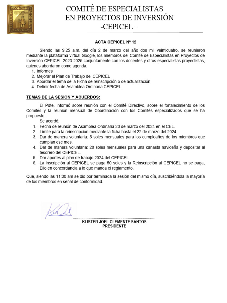 ACTA CEPICEL borrador | PDF