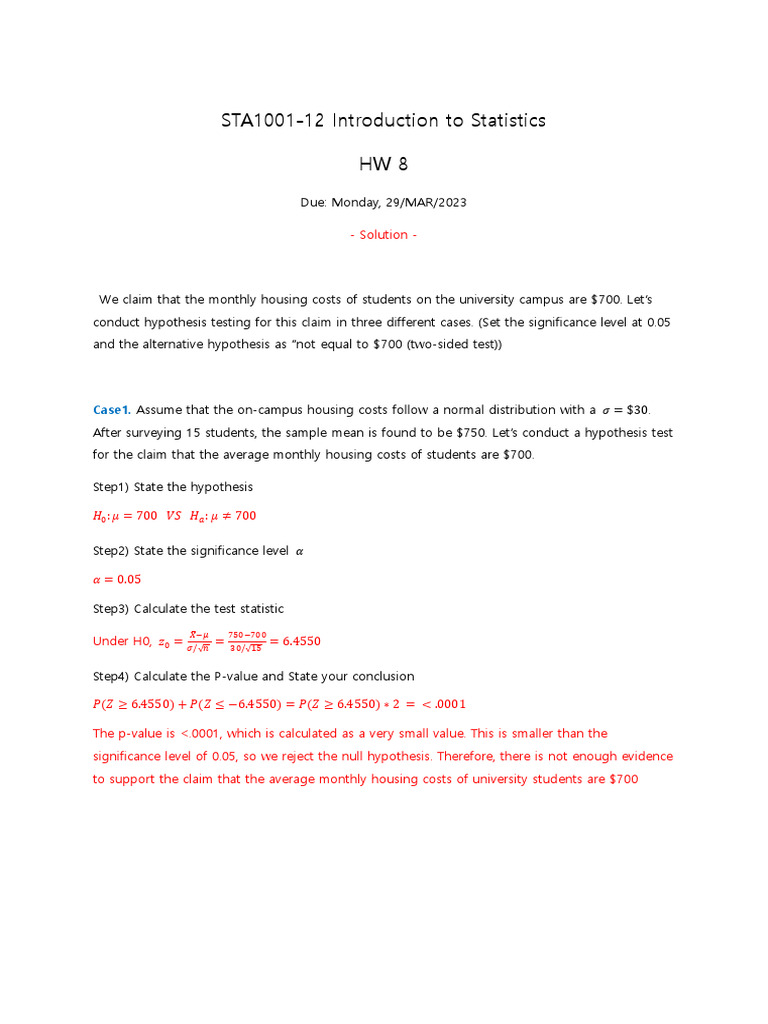 Introduction To Statistics HW8 - Sol | PDF | Statistical Significance ...